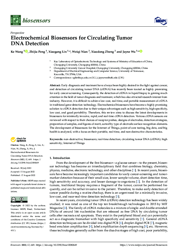 Pdf Electrochemical Biosensors For Circulating Tumor Dna Detection