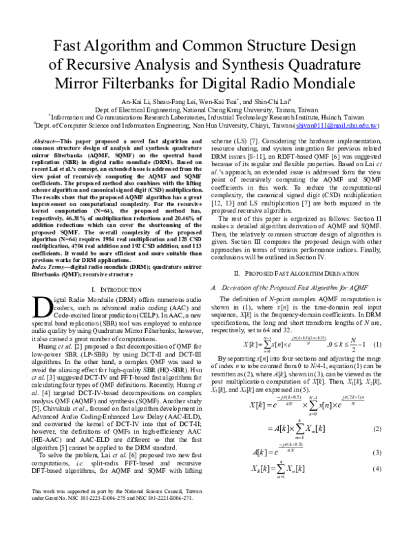 (PDF) Efficient Recursive AQMF Design for Digital Radio Mondiale
