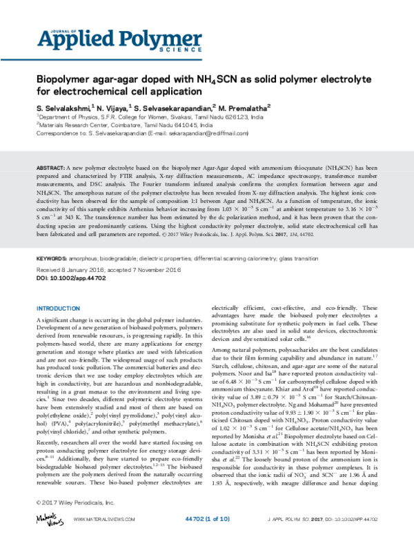(PDF) Biopolymer agar-agar doped with NH4SCN as solid polymer electrolyte for electrochemical ...