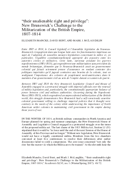 (PDF) their unalienable right and privilege": New Brunswick's Challenge ...