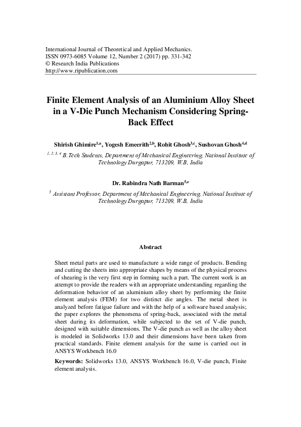 (PDF) Finite Element Analysis of an Aluminium Alloy Sheet in a V-Die Punch Mechanism Considering ...