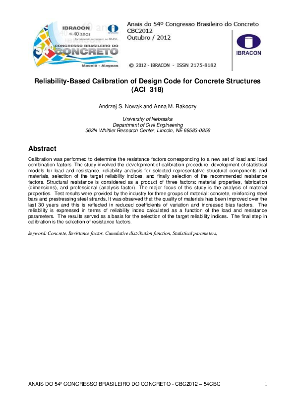 Pdf Reliability Based Calibration Of Design Code For Concrete Structures Aci 318