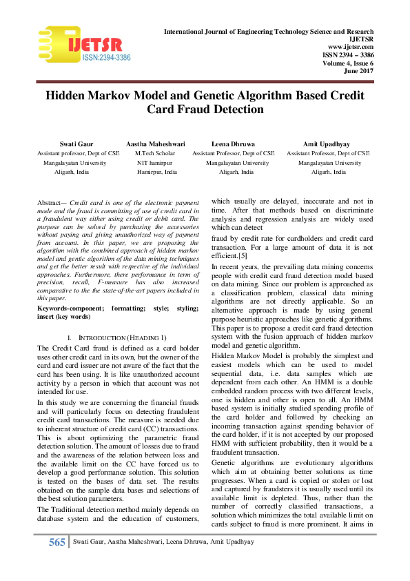 (PDF) Hidden Markov Model and Genetic Algorithm Based Credit Card Fraud Detection
