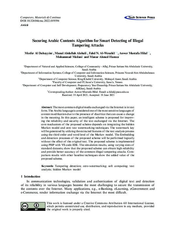 Pdf Securing Arabic Contents Algorithm For Smart Detecting Of Illegal Tampering Attacks