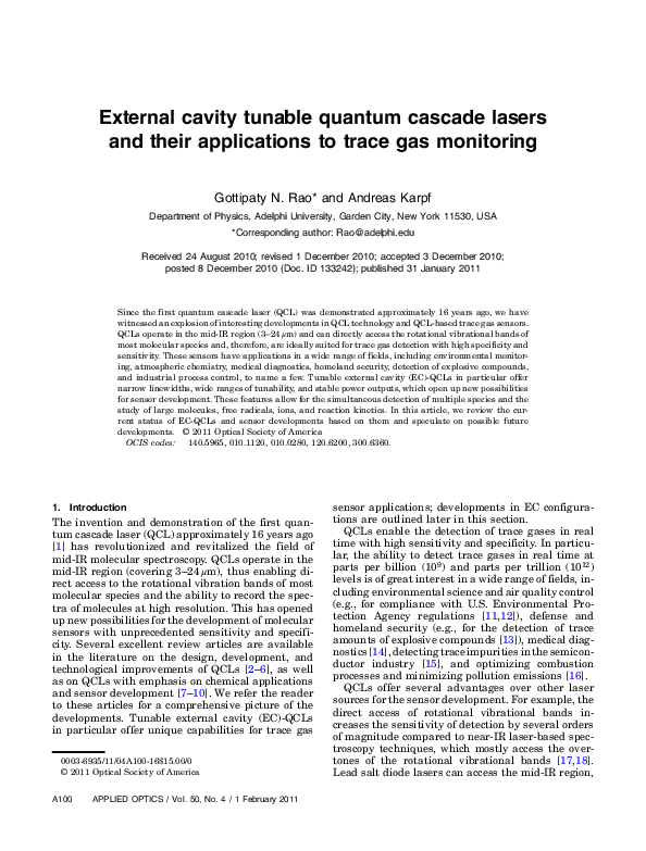(PDF) External cavity tunable quantum cascade lasers and their applications to trace gas monitoring