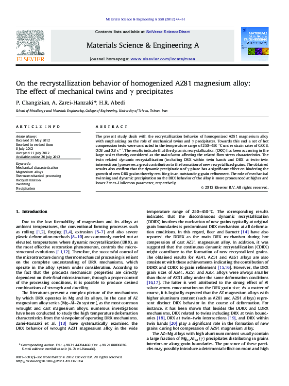 (PDF) On the recrystallization behavior of homogenized AZ81 magnesium alloy: The effect of ...