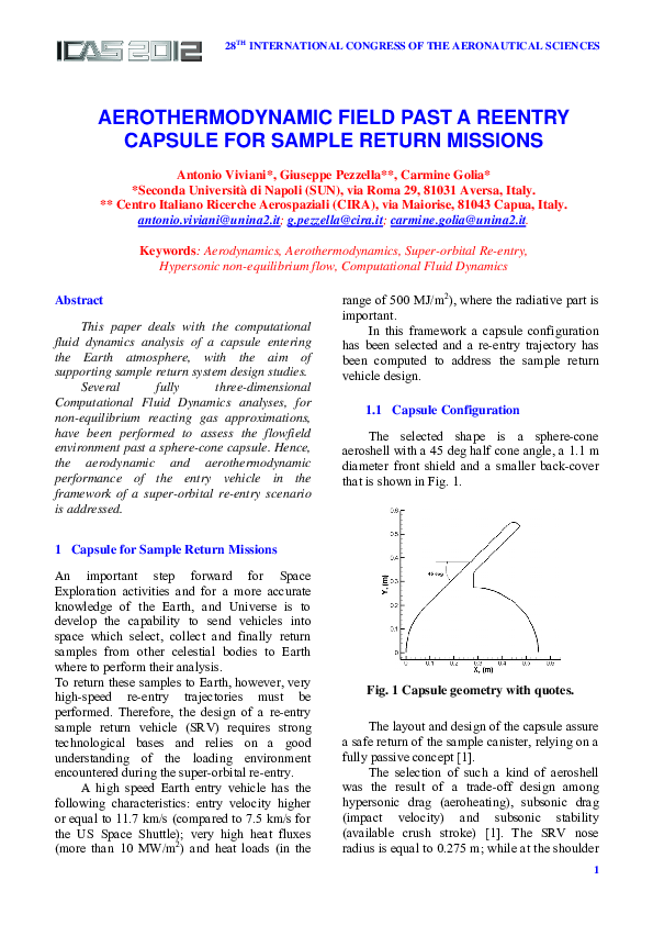 (PDF) Aerothermodynamic Field Past a Reentry Capsule for Sample Return ...