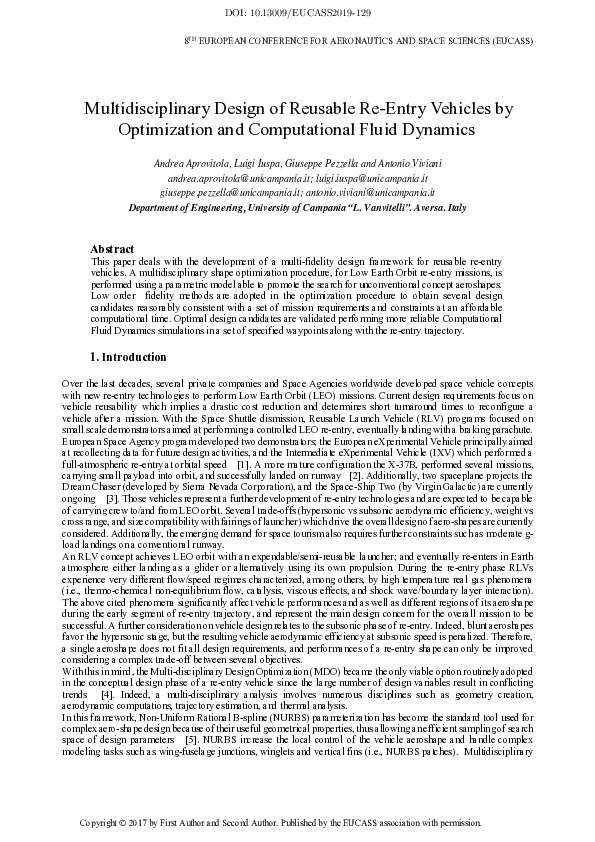 (PDF) Conceptual Design of Reusable Re-Entry Vehicles by Multidisciplinary Optimization and ...