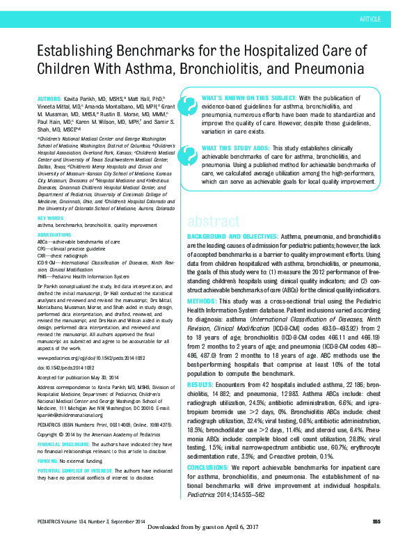 (PDF) Establishing benchmarks for the hospitalized care of children ...