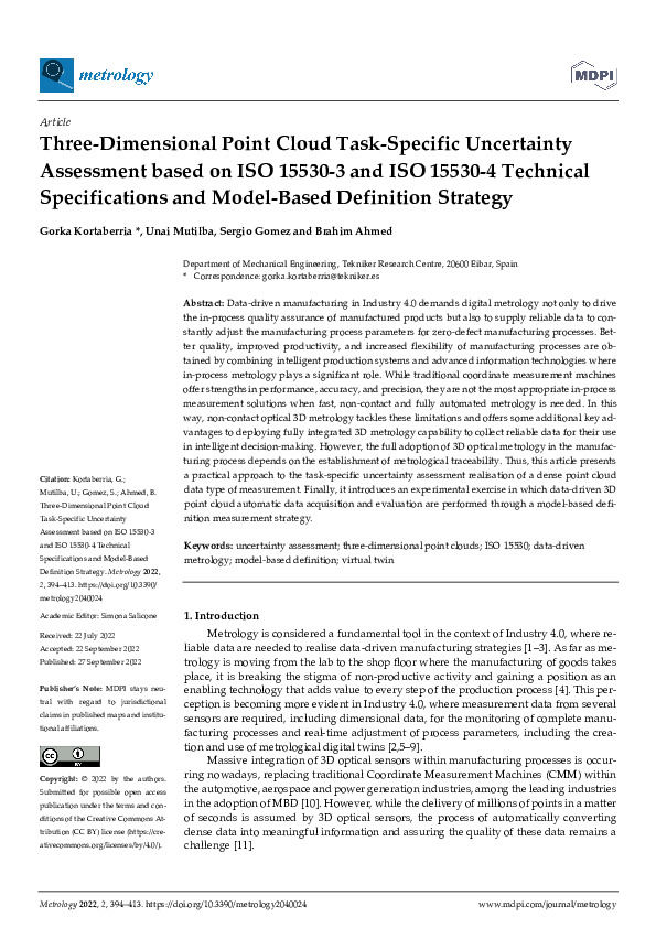 (PDF) Three-Dimensional Point Cloud Task-Specific Uncertainty Assessment Based on ISO 15530-3 ...
