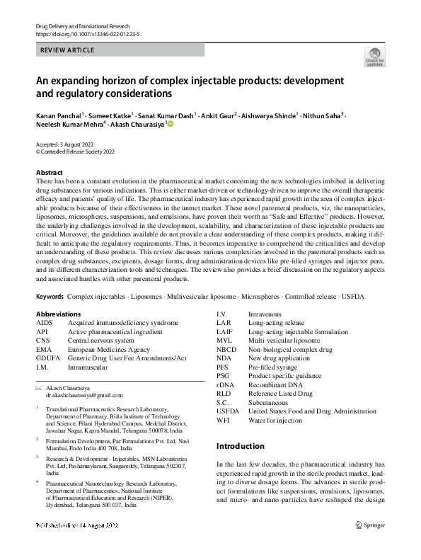 (PDF) Challenges in Complex Injectable Product Developments