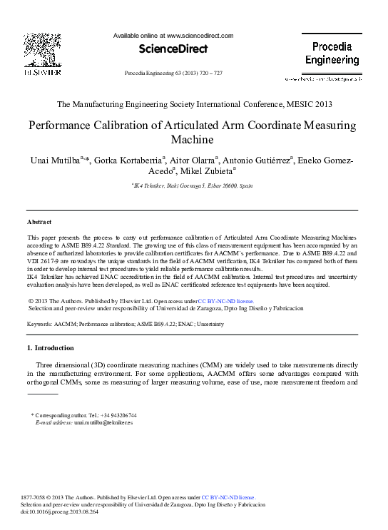 Pdf Performance Calibration Of Articulated Arm Coordinate Measuring