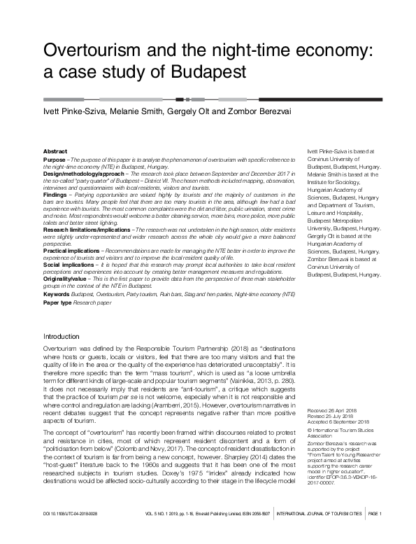 (PDF) Overtourism and the night-time economy: a case study of Budapest