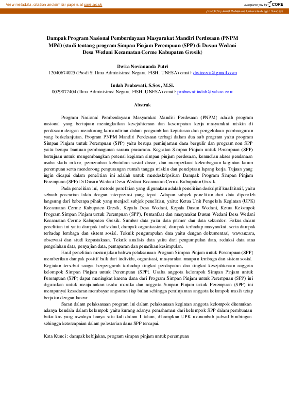 (PDF) Dampak Program Nasional Pemberdayaan Masyarakat Mandiri Perdesaan (PNPM MPd) (studi ...