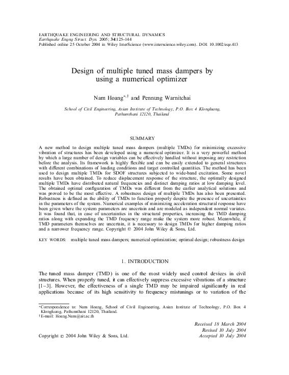 (PDF) Design of multiple tuned mass dampers by using a numerical optimizer | nam hoang ...