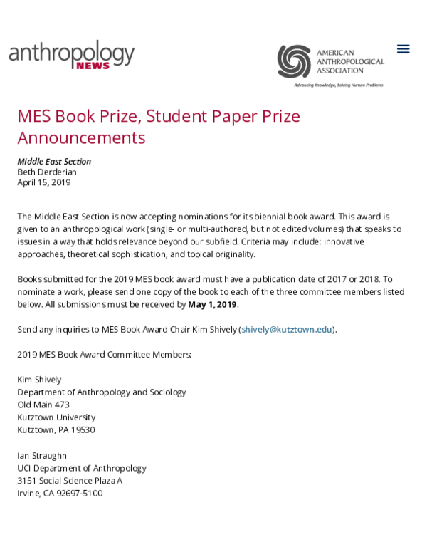 (PDF) MES Book Prize, Student Paper Prize Announcements
