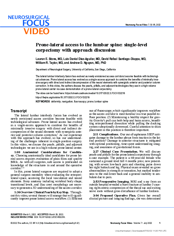 (PDF) Prone-lateral access to the lumbar spine: single-level corpectomy ...
