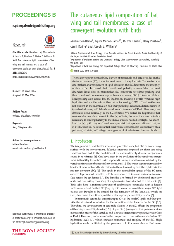 (PDF) The cutaneous lipid composition of bat wing and tail membranes: a ...