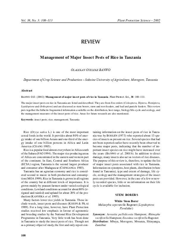 (PDF) Management of major insect pests of rice in Tanzania – Review