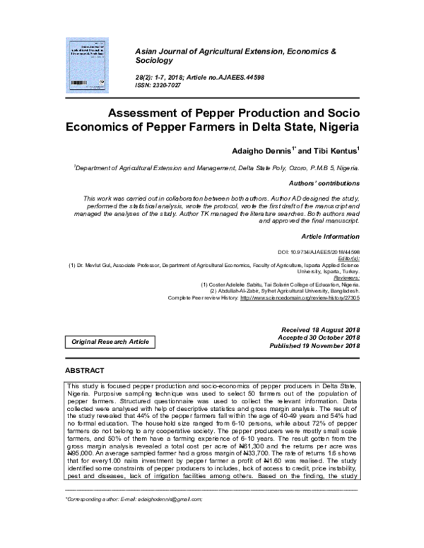 (PDF) Assessment of Pepper Production and Socio Economics of Pepper ...