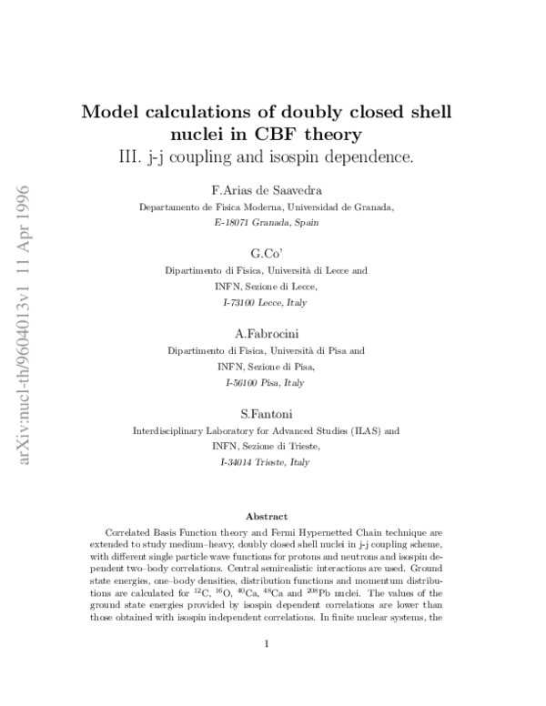 (PDF) Model calculations of doubly closed shell nuclei in CBF theory III. jj coupling and ...