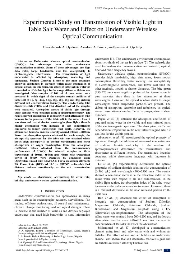 (PDF) Experimental Study on Transmission of Visible Light in Table Salt Water and Effect on ...