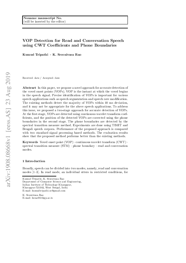 (PDF) VOP detection for read and conversation speech using CWT coefficients and phone boundaries