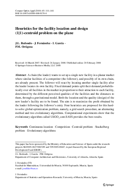 (PDF) Heuristics for the facility location and design (1|1)-centroid problem on the plane ...
