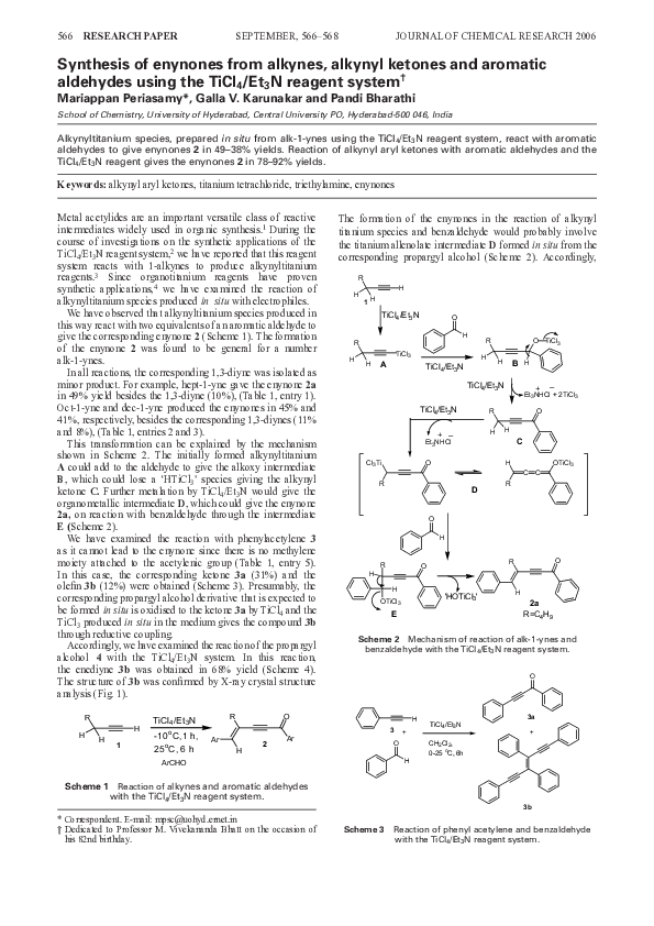 (PDF) Synthesis of Enynones from Alkynes, Alkynyl Ketones and Aromatic ...