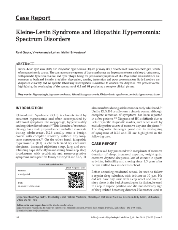 (PDF) Kleine-Levin Syndrome and Idiopathic Hypersomnia: Spectrum Disorders