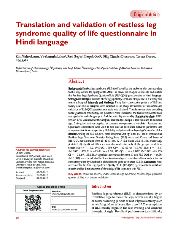 (PDF) Translation and validation of restless leg syndrome quality of ...