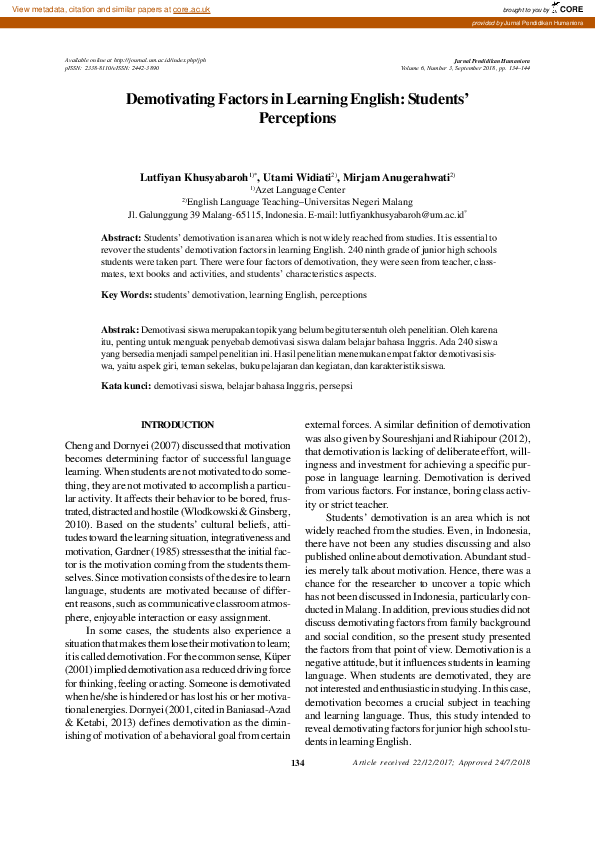 (PDF) Demotivating Factors in Learning English: Students’ Perceptions