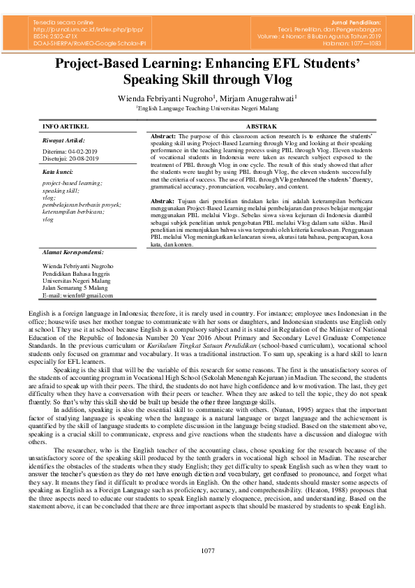 (PDF) Project-Based Learning: Enhancing EFL Students’ Speaking Skill through Vlog