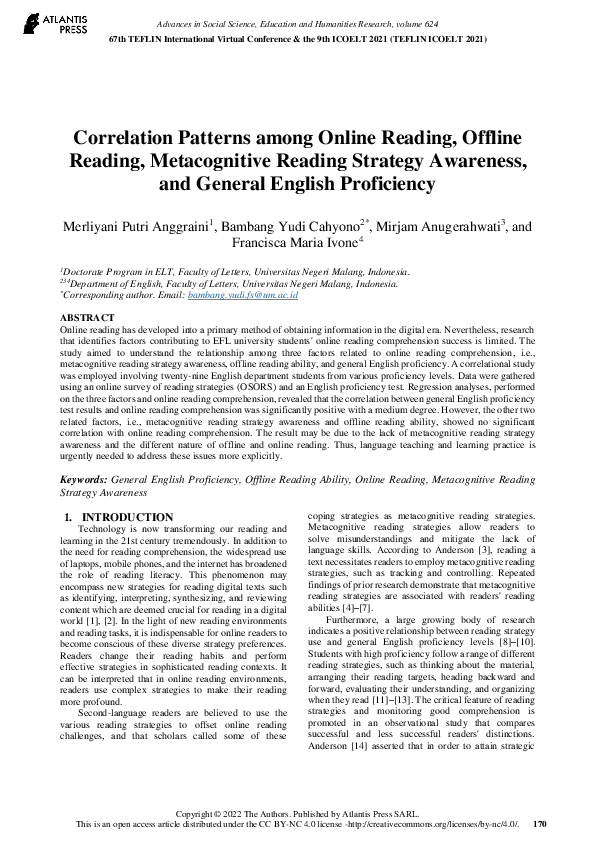 Pdf Correlation Patterns Among Online Reading Offline Reading Metacognitive Reading Strategy