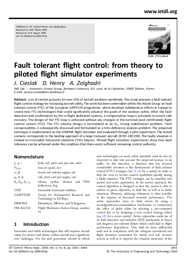 (PDF) Fault tolerant flight control: from theory to piloted flight simulator experiments