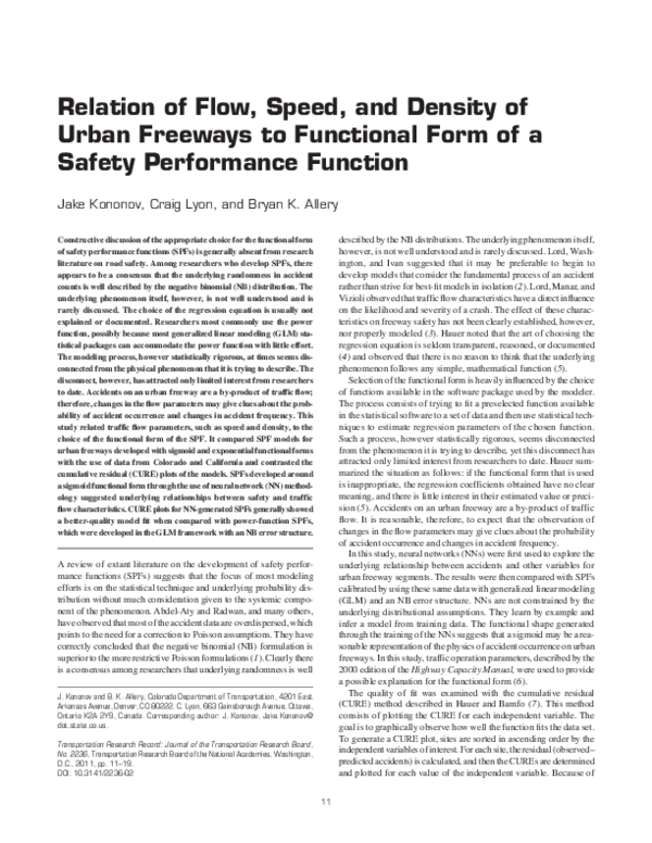 (PDF) Relation of Flow, Speed, and Density of Urban Freeways to Functional Form of a Safety ...