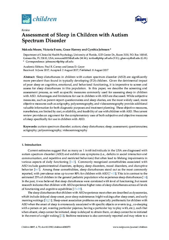 (PDF) Assessment of Sleep in Children with Autism Spectrum Disorder