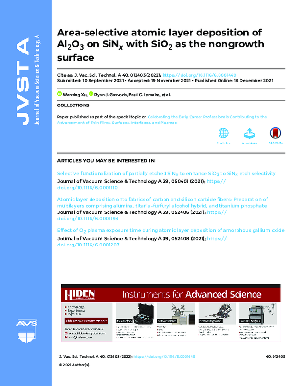 (PDF) Area-selective atomic layer deposition of Al2O3 on SiNx with SiO2 as the nongrowth surface