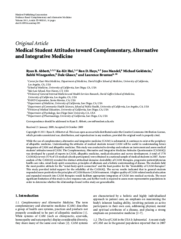 (PDF) Medical Student Attitudes toward Complementary, Alternative and Integrative Medicine