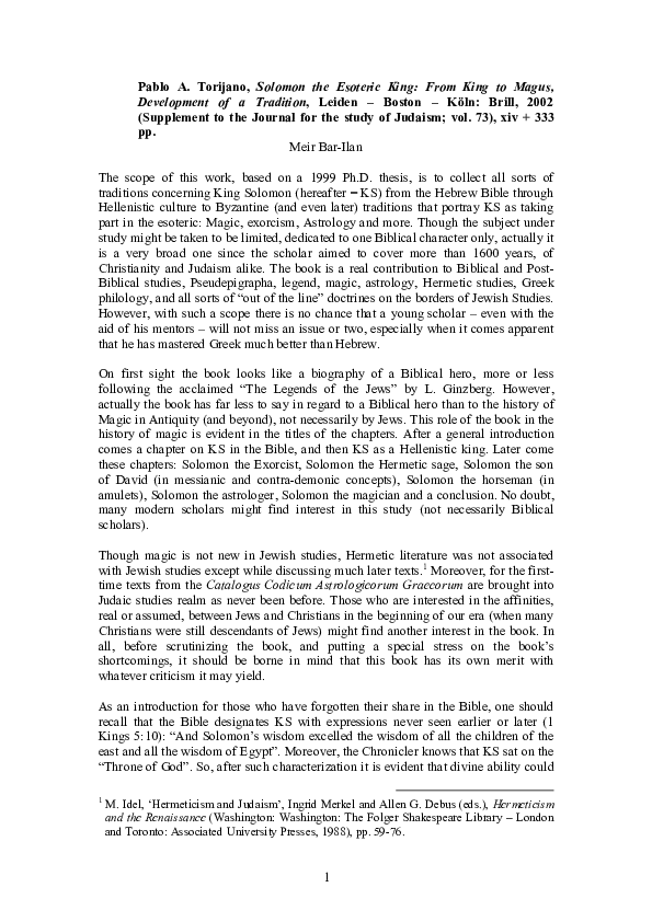(PDF) (Review of) Pablo A. Torijano, Solomon the Esoteric King: From ...