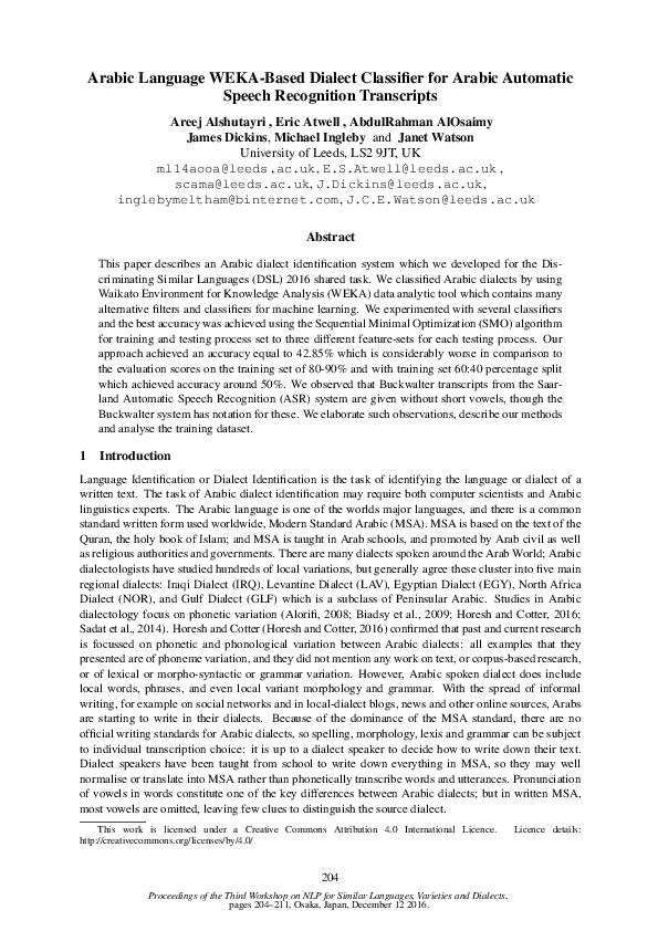 Pdf Arabic Language Weka Based Dialect Classifier For Arabic