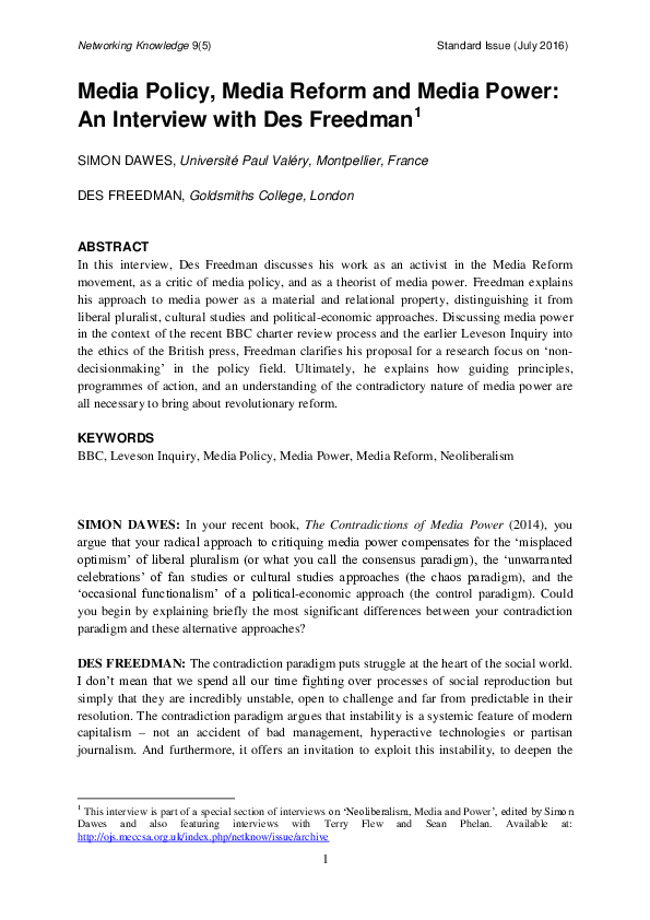 (PDF) Media Policy, Media Reform and Media Power: An Interview with Des ...