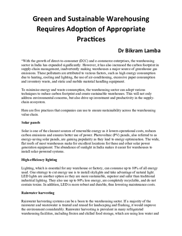 (DOC) Green and Sustainable Warehousing Requires Adoption of ...