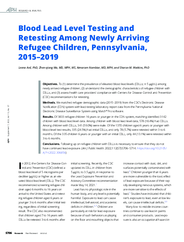 (PDF) Blood Lead Level Testing and Retesting Among Newly Arriving ...