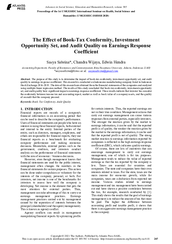 (PDF) The Effect of Book-Tax Conformity, Investment Opportunity Set, and Audit Quality on ...