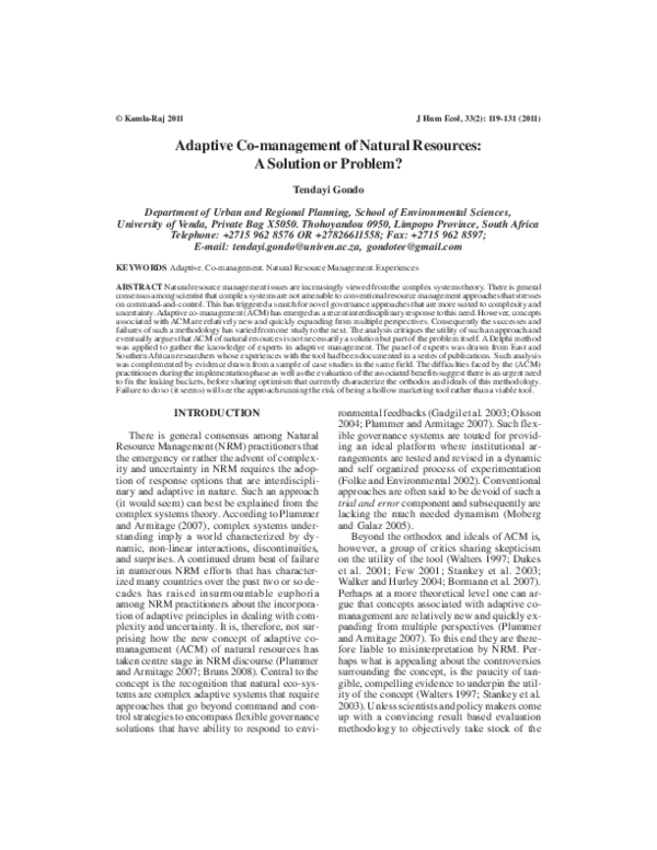 (PDF) Adaptive Co-management of Natural Resources: A Solution or Problem?