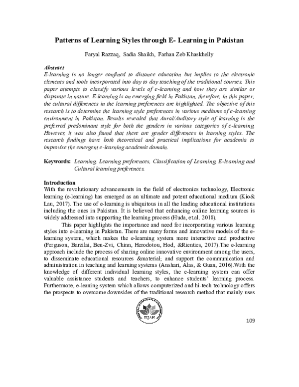 (PDF) Patterns of Learning Styles through E- Learning in Pakistan
