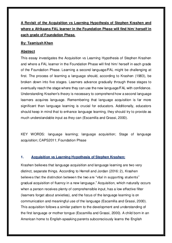 (PDF) A Revisit of the Acquisition vs Learning Hypothesis of Stephen ...