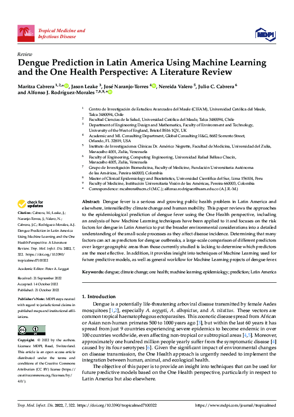 Pdf Dengue Prediction In Latin America Using Machine Learning And The One Health Perspective