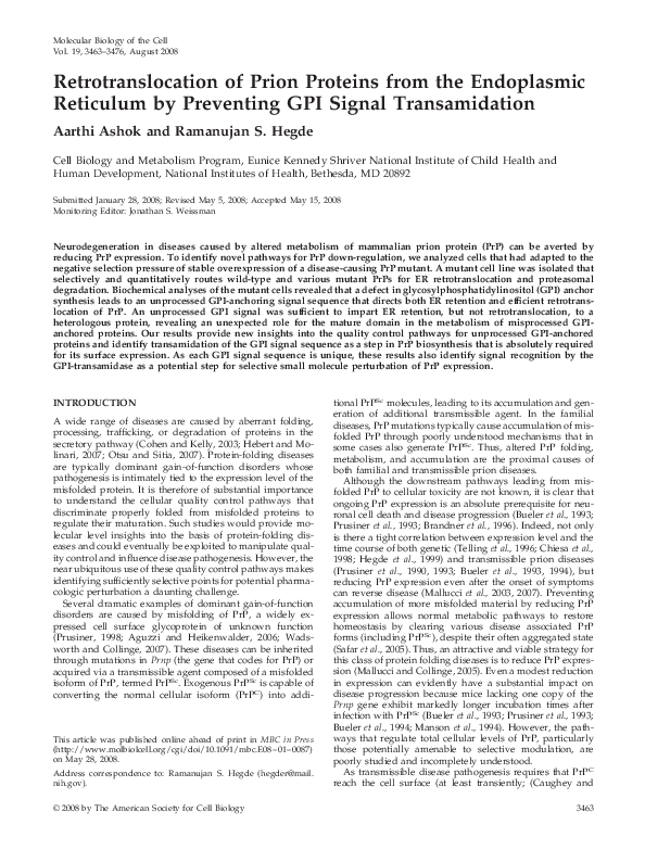 (PDF) Retrotranslocation of Prion Proteins from the Endoplasmic ...